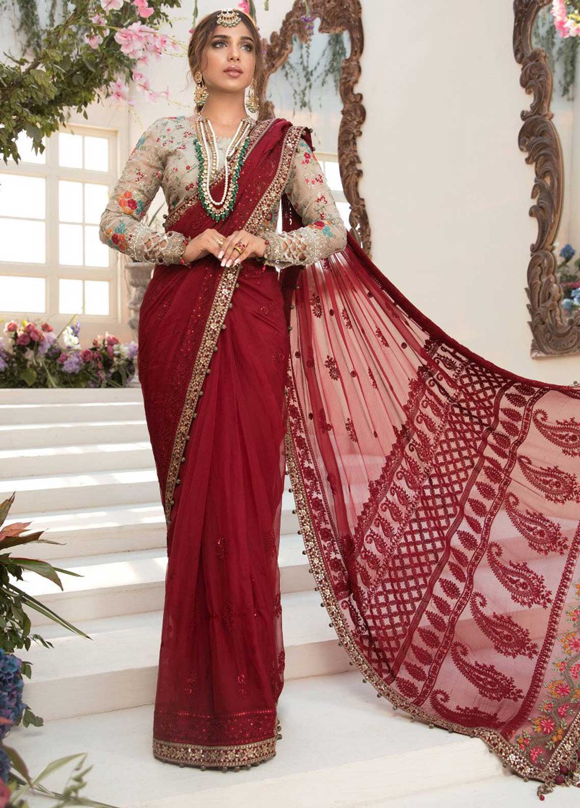 Maria B Mbroidered Chiffon Unstitched Saree 2021 BD 2107 Deep red and ...