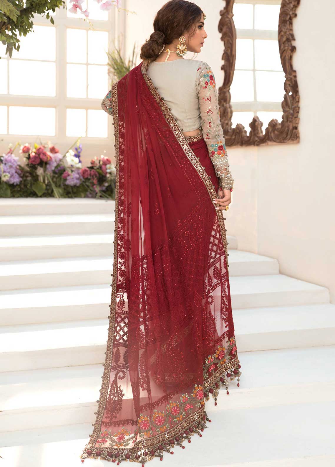 Maria B Mbroidered Chiffon Unstitched Saree 2021 BD 2107 Deep red and ...