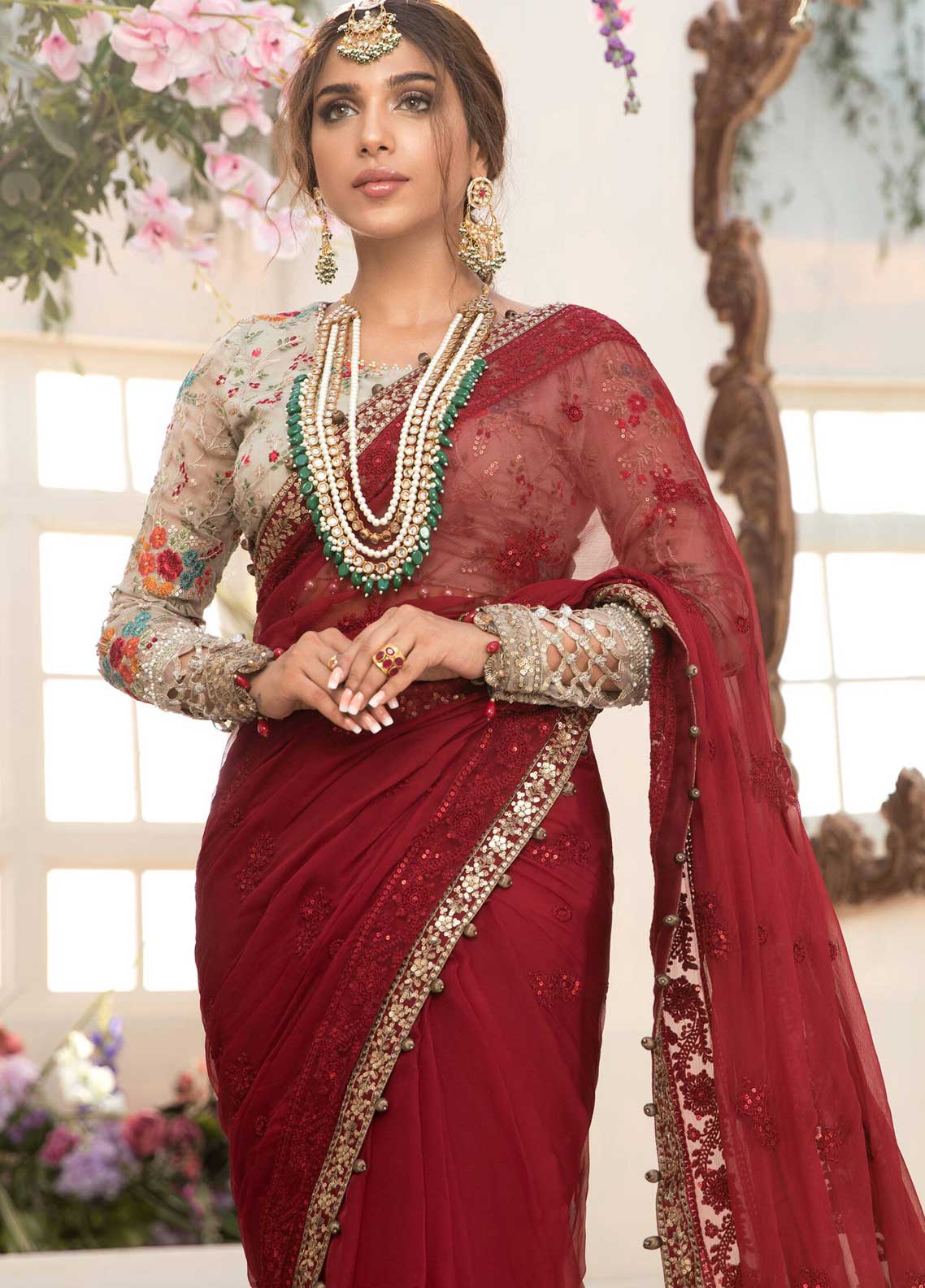 Maria B Mbroidered Chiffon Unstitched Saree 2021 BD 2107 Deep red and ...